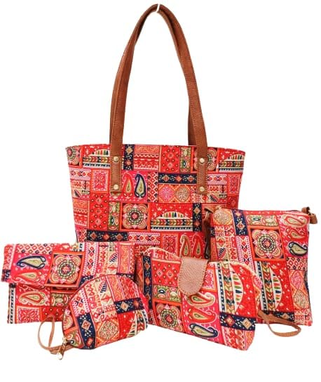 Buy Traditional Red Ikkat 5 Piece Handbag Combo for Girls and Women at ...