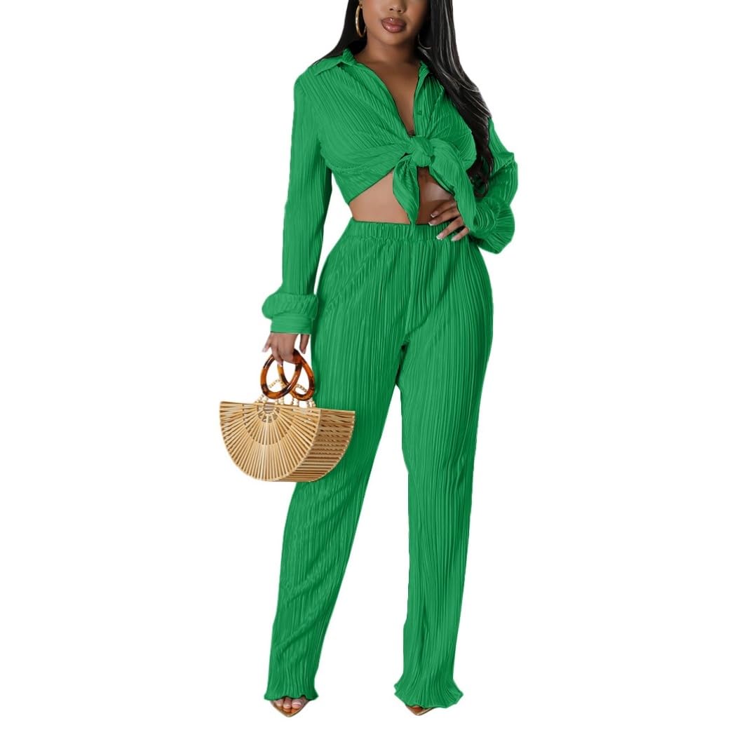 PRIVIMIX Women 2 Piece Pleated Sets Short Sleeve Pants Plisse Matching ...