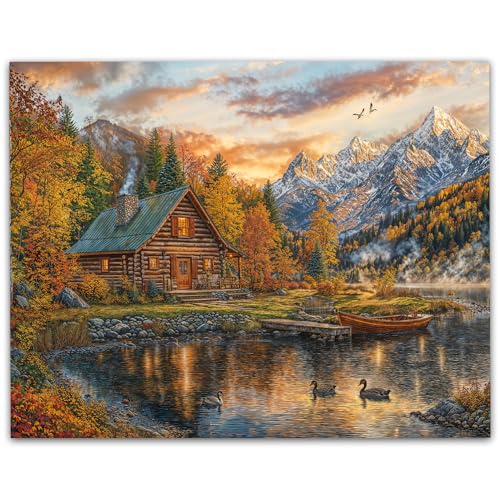 Amazon.com: Mountain Cabin Autumn Landscape - Perfect Morning - 28x36 ...