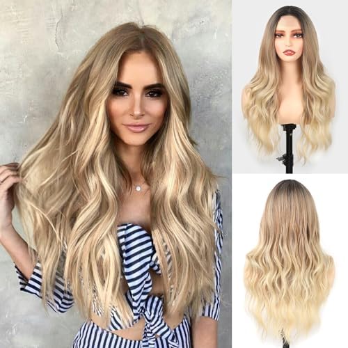 Amazon.com : ATAYEA Long Ombre Blonde Wavy Wig for Women 26 Inch Middle Part Curly Wigs Lace ...