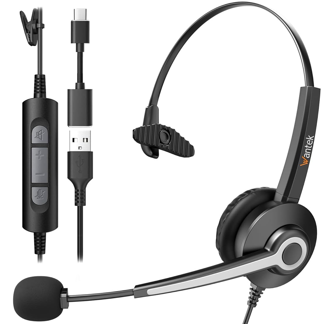 Amazon.com: Wantek Monaural Corded USB Headsets with Noise Cancelling ...