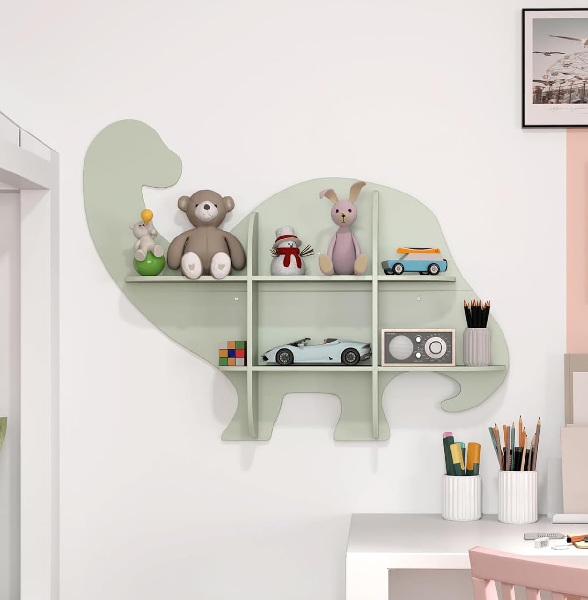 Costzon Dinosaur Wall Mounted Kids Bookshelf, 2 Tier Wooden Nursery ...