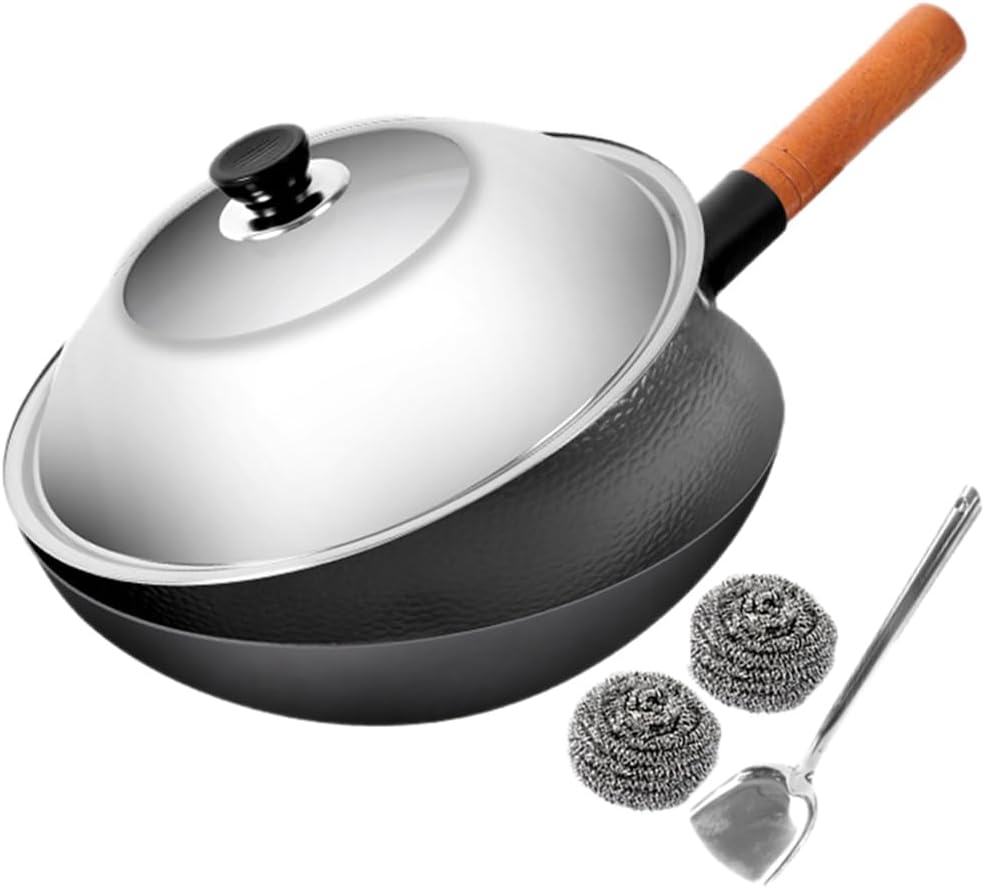 Amazon｜Tinse 中華鍋 炒め鍋 手作り鉄鍋 フライパン 鉄 打出 木製ハンドル 強化ガラス蓋付き 直火・ガス対応｜中華鍋 オンライン通販