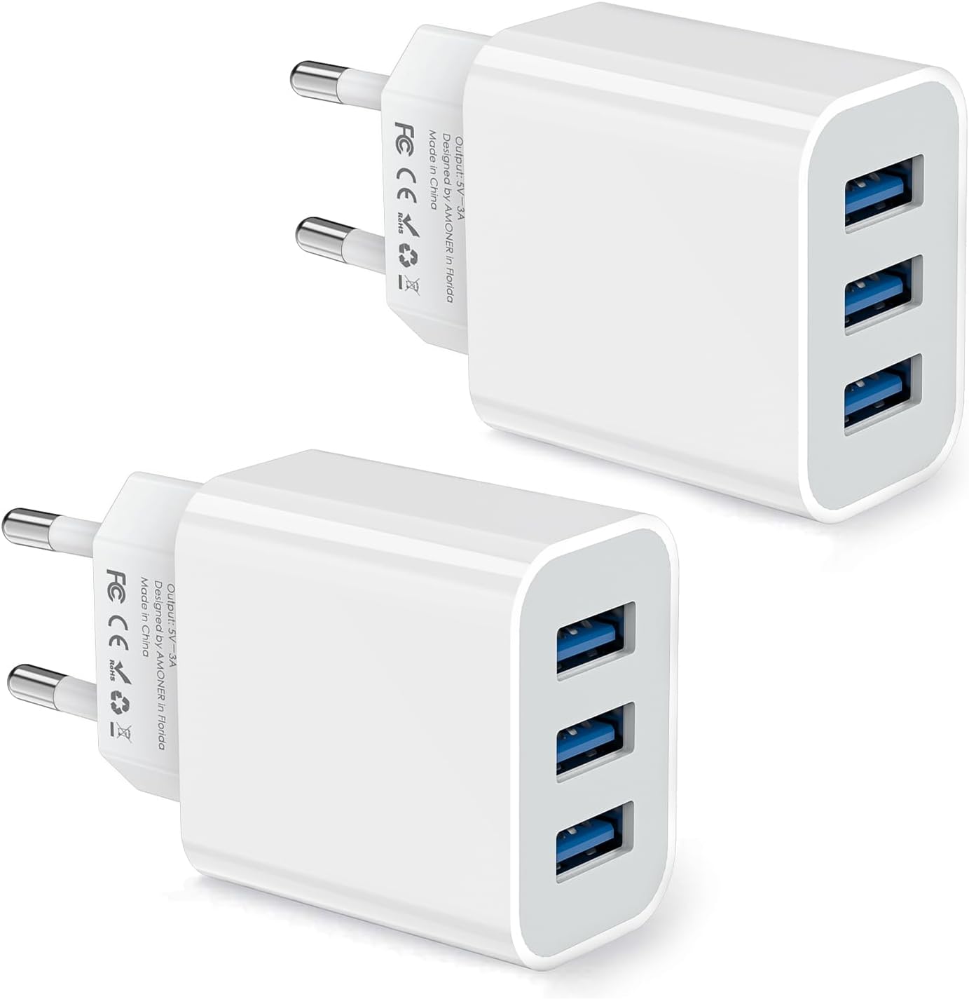 USB Ladegerät, 3-Port USB Adapter 15W, Mehrfach Stecker 2er Pack ...