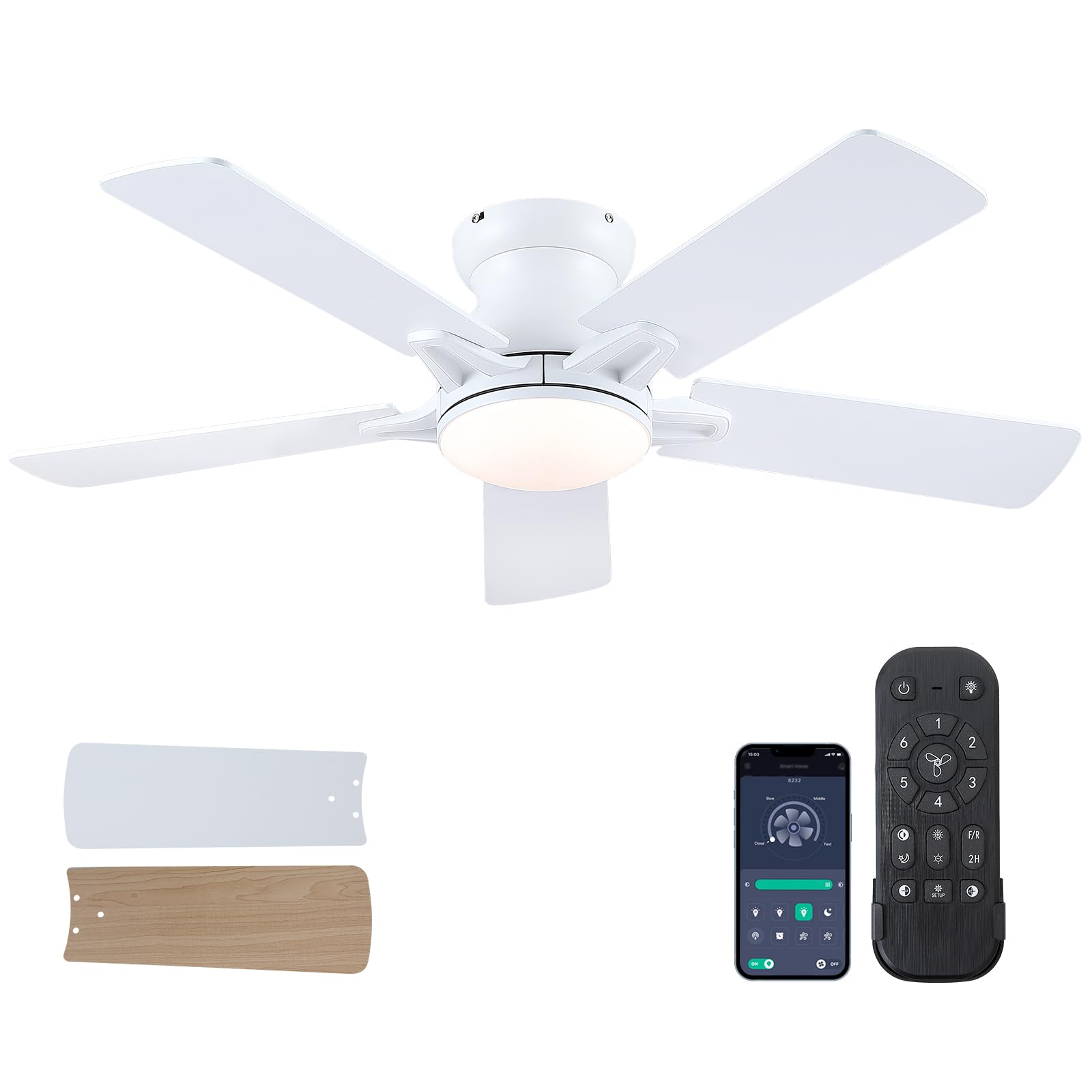 CHESUR White Flush Mount Ceiling Fans - 48" Modern Low Profile Ceiling ...