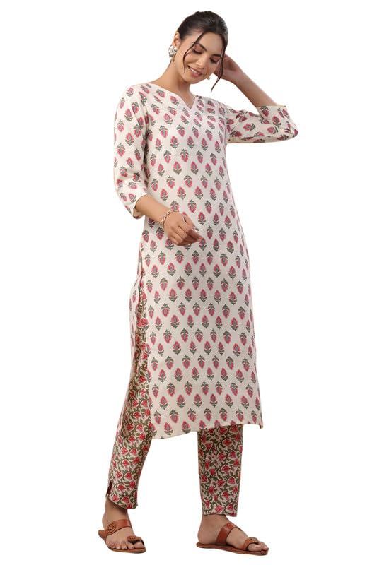 Buy Anekha Women's Cream Cotton Ethnic Motifs Straight Kurta Set ...