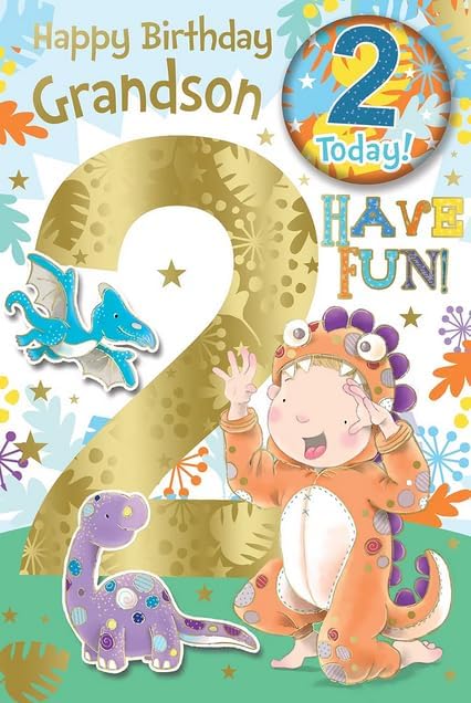 Grandson 2nd Birthday Card With A Badge Gold Foil Lettering Boy Dressed ...