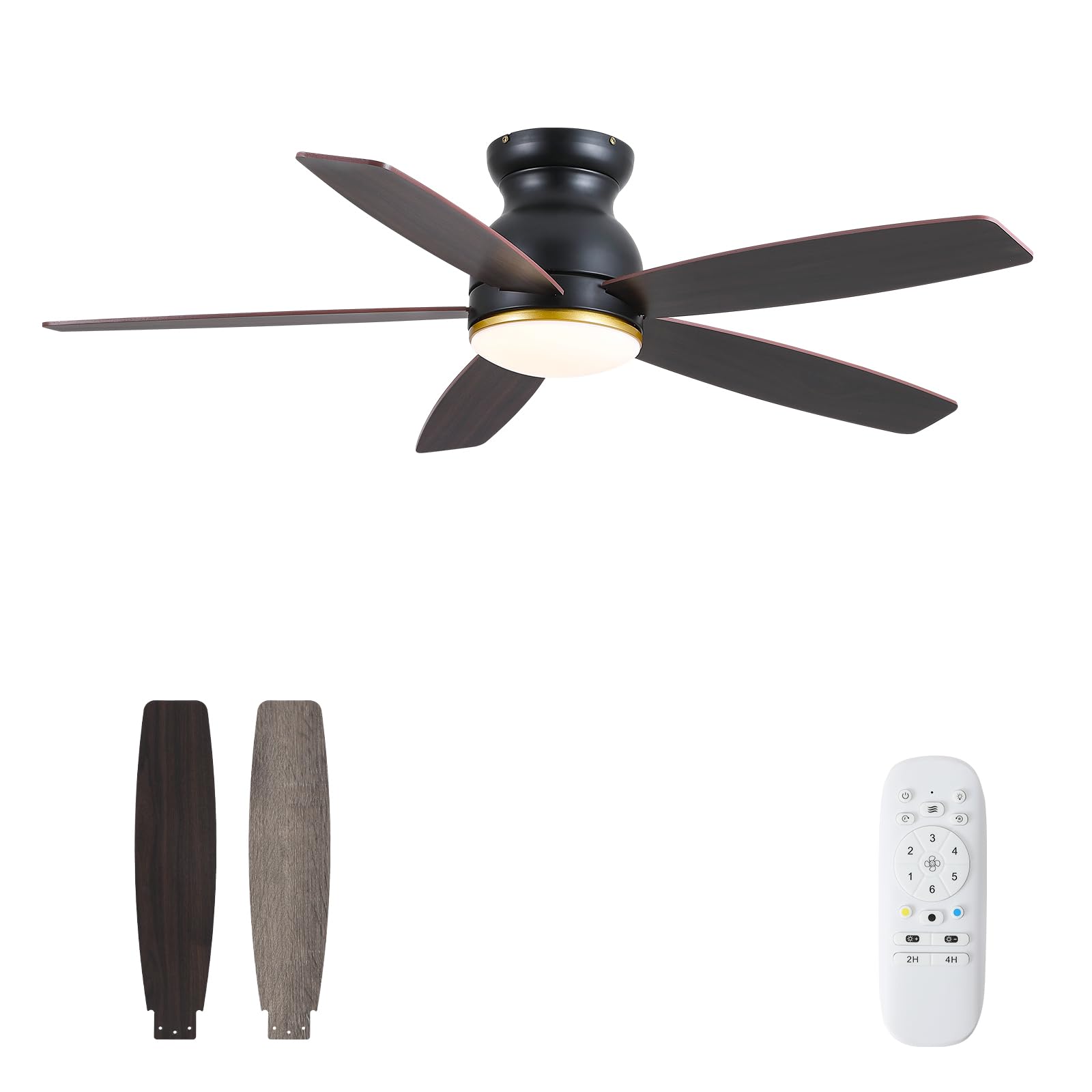 52 Inch Low Profile Ceiling Fans with Lights, Black&Gold Flush Mount ...