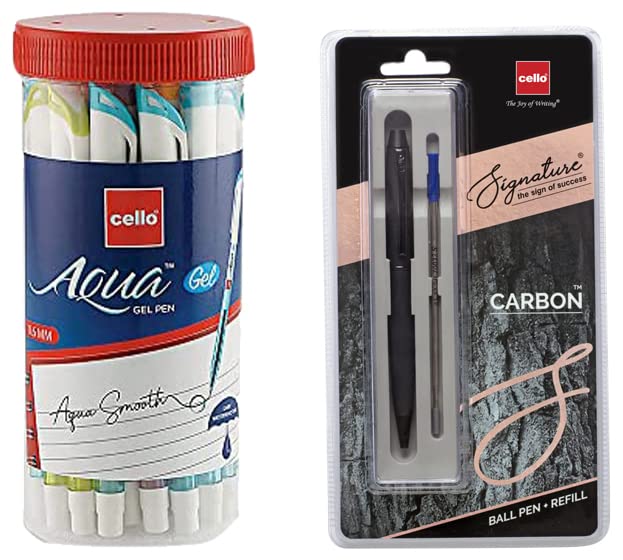 Cello Aqua Blue Gel Pen Jar of 25 Units Signature Carbon + Refill Pack ...