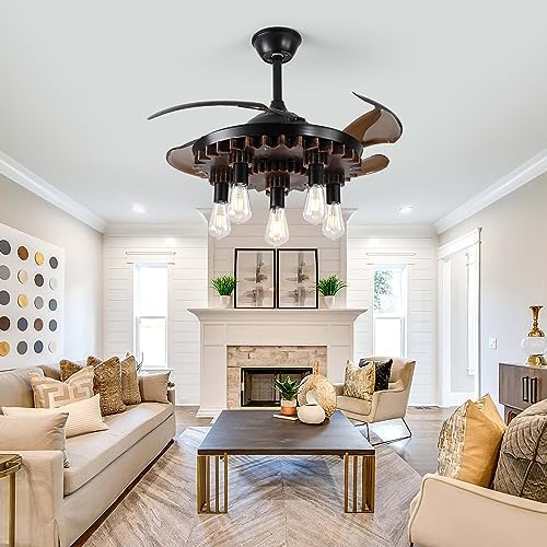 Retractable Ceiling Fans with Lights and Remote, 48 Inch Farmhouse ...