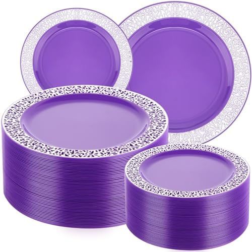 Amazon.com: Maxcheck 100 Pack Purple Silver Plastic Plates Disposable ...