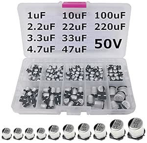 SMD Aluminum Electrolytic Capacitor 50V Assortment: 1uF, 2.2uF, 3.3uF, 4.7uF. 10uF. 22uF, 33uF ...