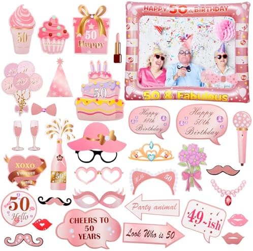 50th Birthday Decorations Ladies Men,Rose Gold Inflatable Selfie Frame ...