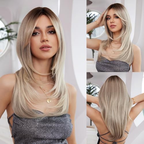 Amazon.com : nabeauty Ombre 24 Inch Long Straight Wigs with Bangs ...