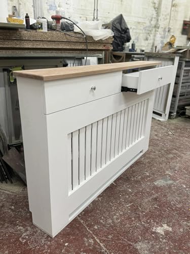 White Bespoke radiator cover with drawers & solid oak top (X-Large ...