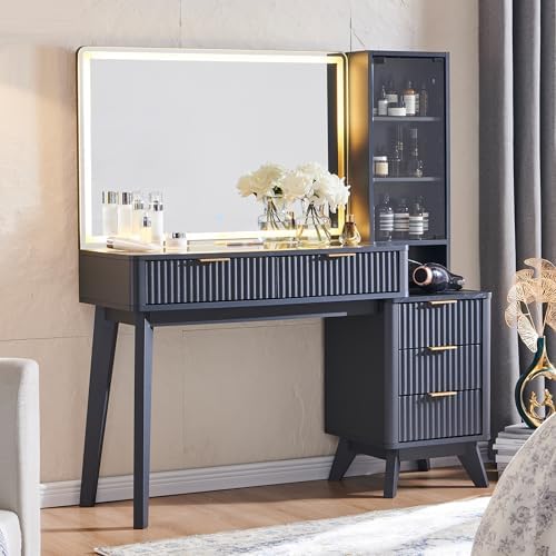 Amazon.com: Fluted Makeup Vanity Desk with Large 35" HD Lighted Mirror ...