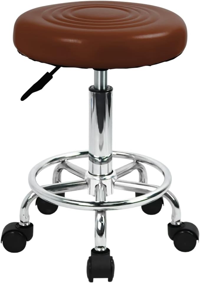 WKWKER Round Rolling Beauty Stool On Wheels PU Leather Swivel Height ...