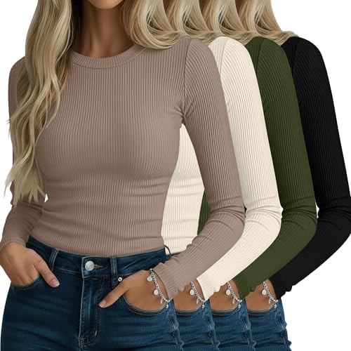 Neer 4 Pack Women's Ribbed Long Sleeve Shirts, Cotton Crew Neck Slim ...