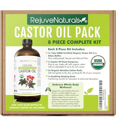 Castor Oil Pack - 8 Piece Complete Kit. Includes 16oz Glass Bottle of ...
