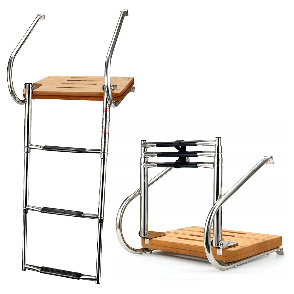Teak Swim Platform Stainless Ladder with telescoping 3-Step 2 Handrails ...