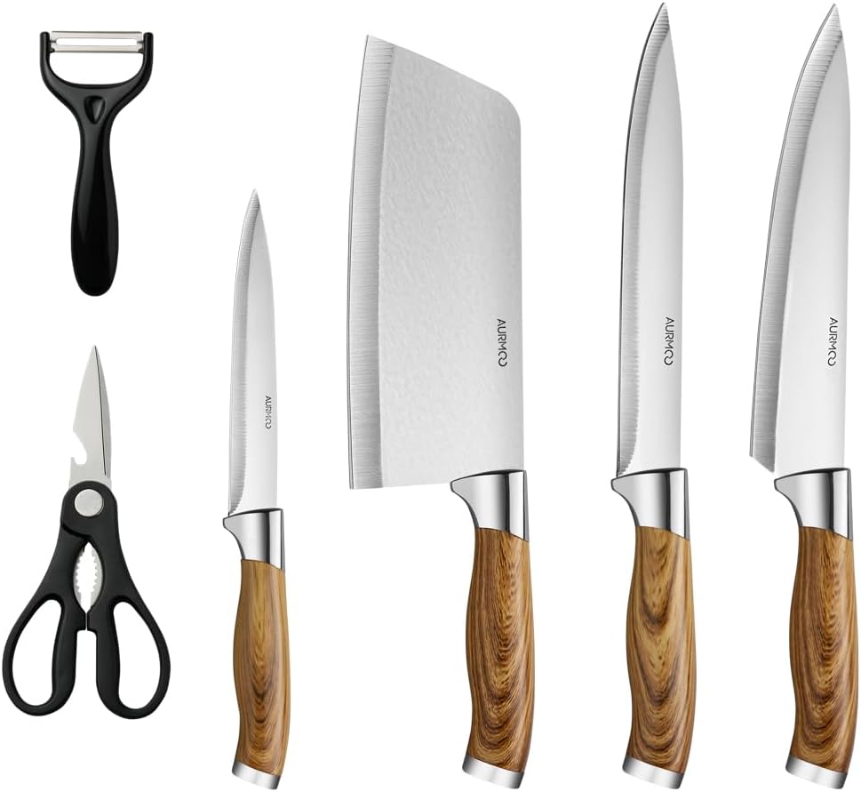 Amazon.com: AURMOO 6 Piece Kitchen Knife Set, Stainless Steel Knife Set ...
