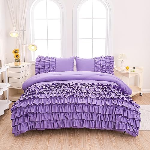 MWMWMW Girls Comforter Set Queen, Lavender Ruffle Bedding Set Queen ...