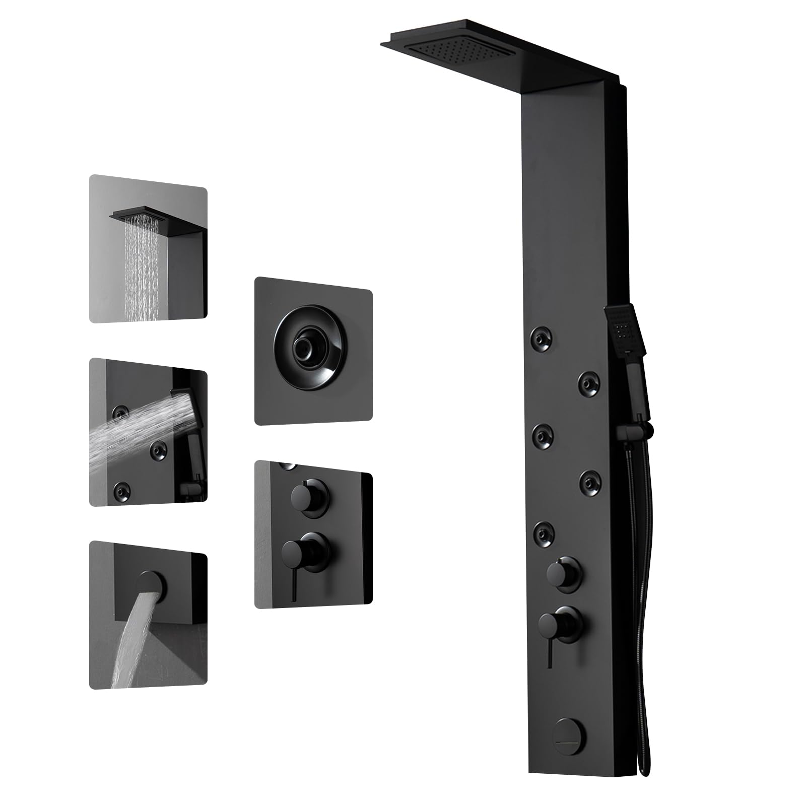 Greenspring Black Shower Panel Tower System with 5 Body Jets Handheld ...