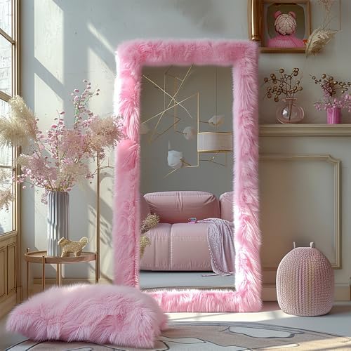Amazon.com: Anpark Full Length Mirror Free Standing Furry Faux Fur ...