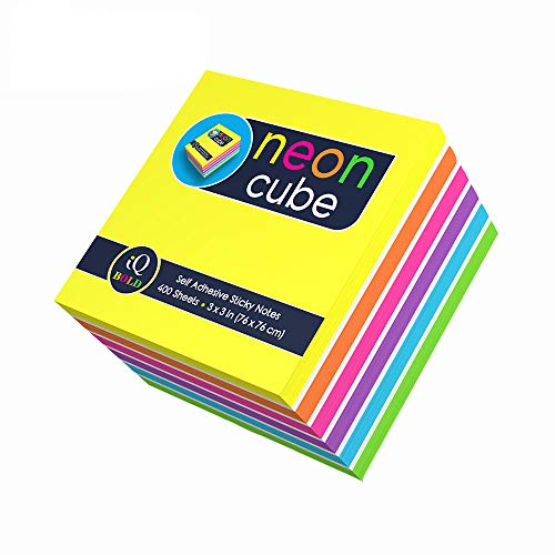 iScholar IQ Neon Sticky Notes Cube, 3 x 3 Inches, Assorted Colors, 400 ...