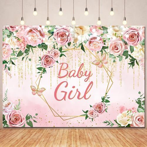 Amazon.com : Ayayiya Pink Rose Flower Baby Girl Baby Shower Backdrop ...