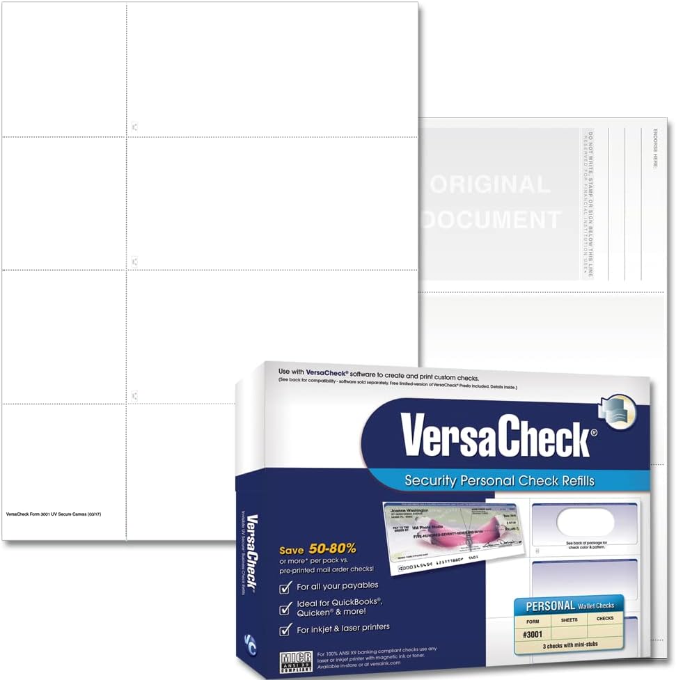 VersaCheck Secure Form #3001-750 Blank Personal s 3 Per Sheet - White ...