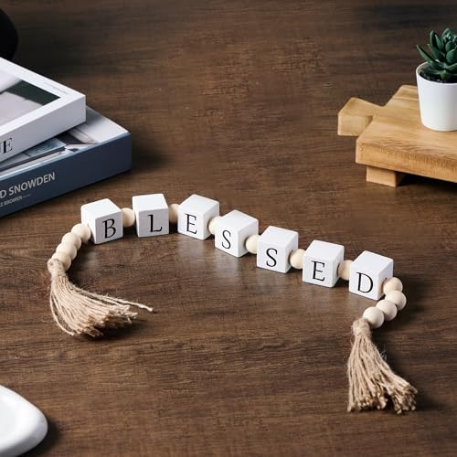 Amazon.com: Mokof Wood BLESSED Block Bead Garland with Tassels, Modern ...