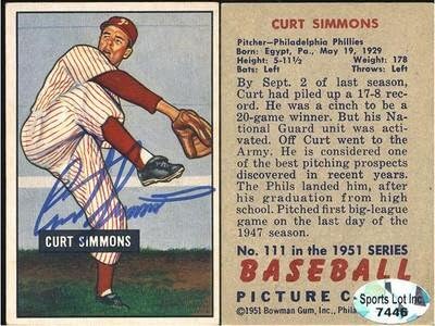 Curt Simmons Philadelphia Phillies Signed 1951 Bowman Trading Card ...