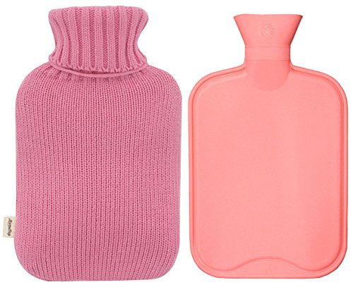 HomeTop Premium Classic Rubber Hot Water Bottle and Heart Knit Cover (Pink)