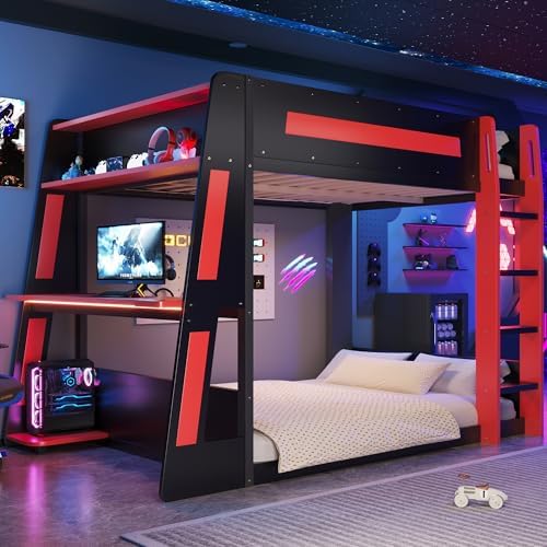 Amazon.com: FUvellamo Full Over Full Gaming Bunk Bed with Desk and LED ...