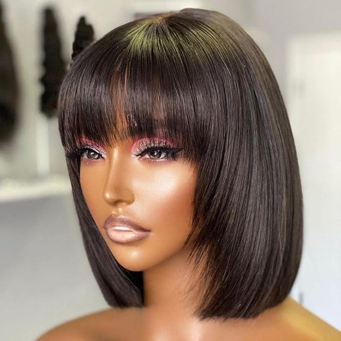 Amazon.com : Grace Queen Short Bob Wig Human Hair with Bangs, Wear and ...