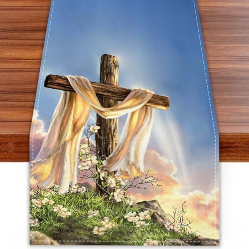 Amazon.com: Linen Religious Cross He is Risen Easter Table Runner 13x72 ...