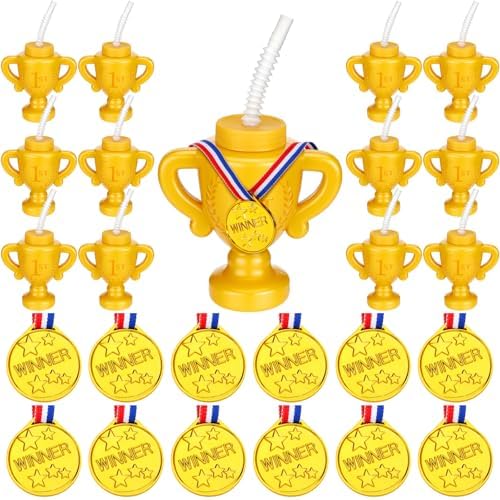 Amazon.com: Qinyoung 24 Pcs Trophy Cups Gold Medals Awards Set 12 Pcs ...