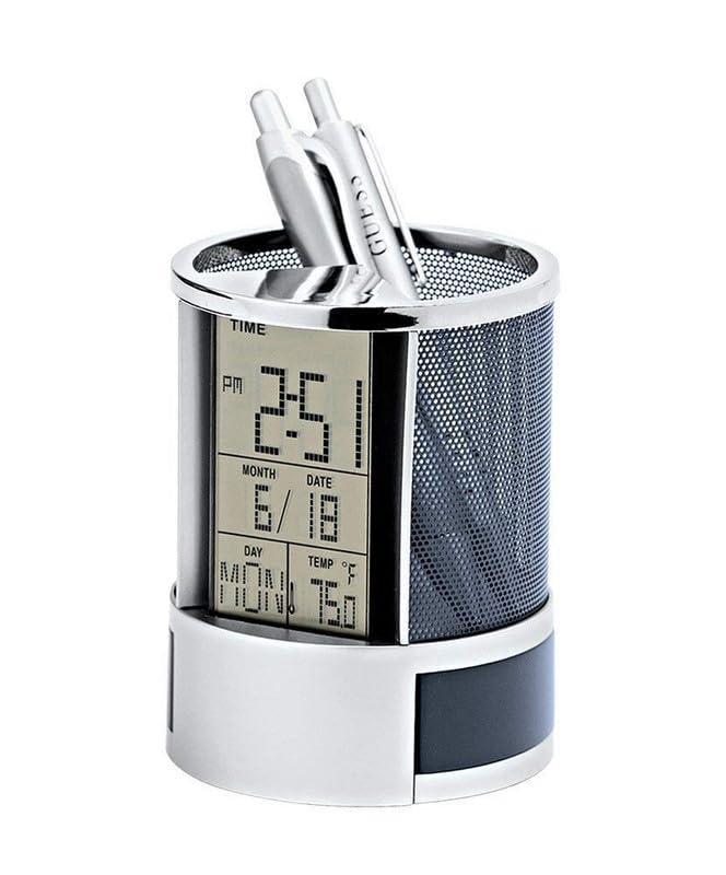 Push Button 2 Drawer Pen Pencil Holder Stand with Digital Alarm Clock ...