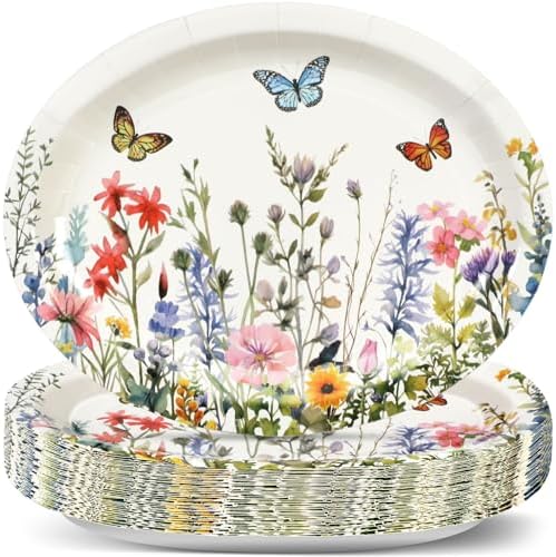 Amazon.com: 50Pcs Wildflowers Oval Plates Floral Butterfly Paper Plates ...