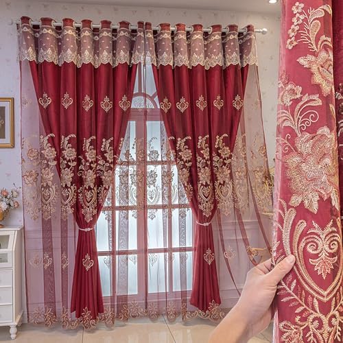 Amidoudou 1 Pair European Double Layer Curtains with Valance for Living ...