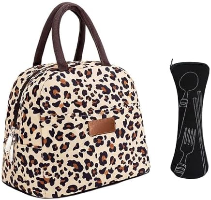 KVBUCC 1 Piece Leopard Print Lunch Bag with 1 Piece Cutlery Bag, Oxford ...
