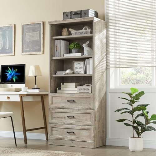Amazon.com: vimitty 72" Tall Bookshlef with 3 Drawers, Farmhouse 4-Tier ...