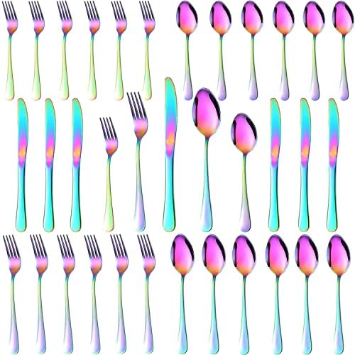 Amazon.com | Colorful Flatware Set 30 Piece, Stainless Steel Rainbow ...