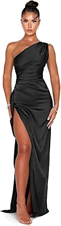 Amazon.com: Women's One Shoulder Mermaid Satin Cocktail Wedding Party Maxi Dress High Split ...