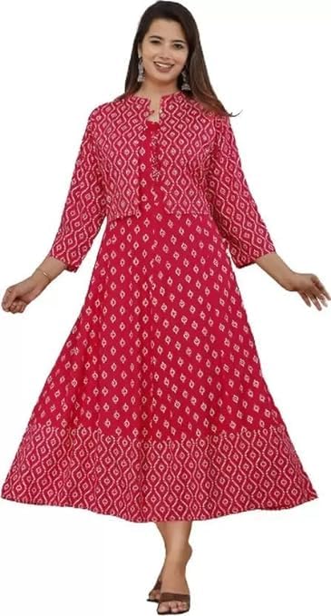 Buy KININA Women's Beautiful Rayon 3/4 Sleeves Printed Long Anarkali ...