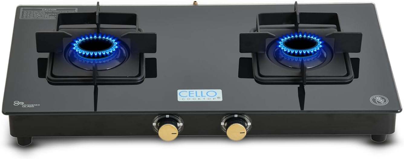 Cello Black Pearl 2 Burner Toughened Glass Top Gas Stove, Brass Burners ...
