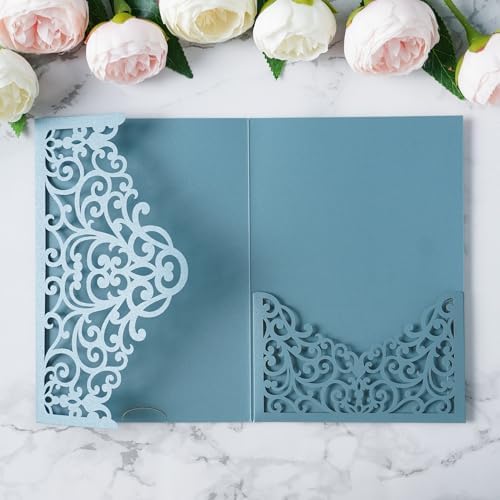 ponatia 20PCS Dusty Blue Laser Cut Wedding Invitations Pockets, Tri ...