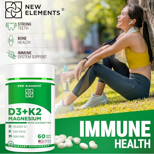 New Elements - Vitamina D3 e K2 Softgels Orgânicos para Mulheres e Homens com Magnésio Glicinato ...