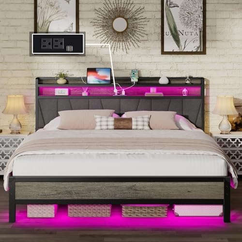 Amazon.com: LUXOAK Full Size Bed Frame with LED Light, Platform Metal ...